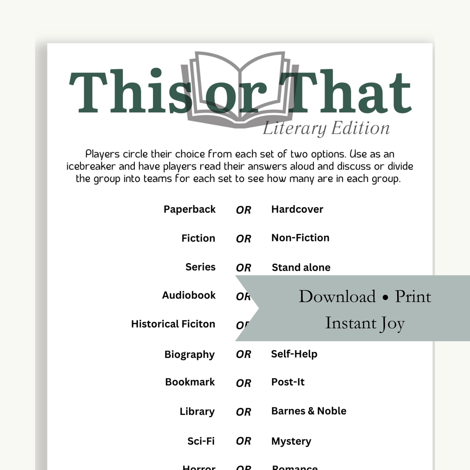 This or That Book Club Game, Instant Printable for Writing Group, Book ...