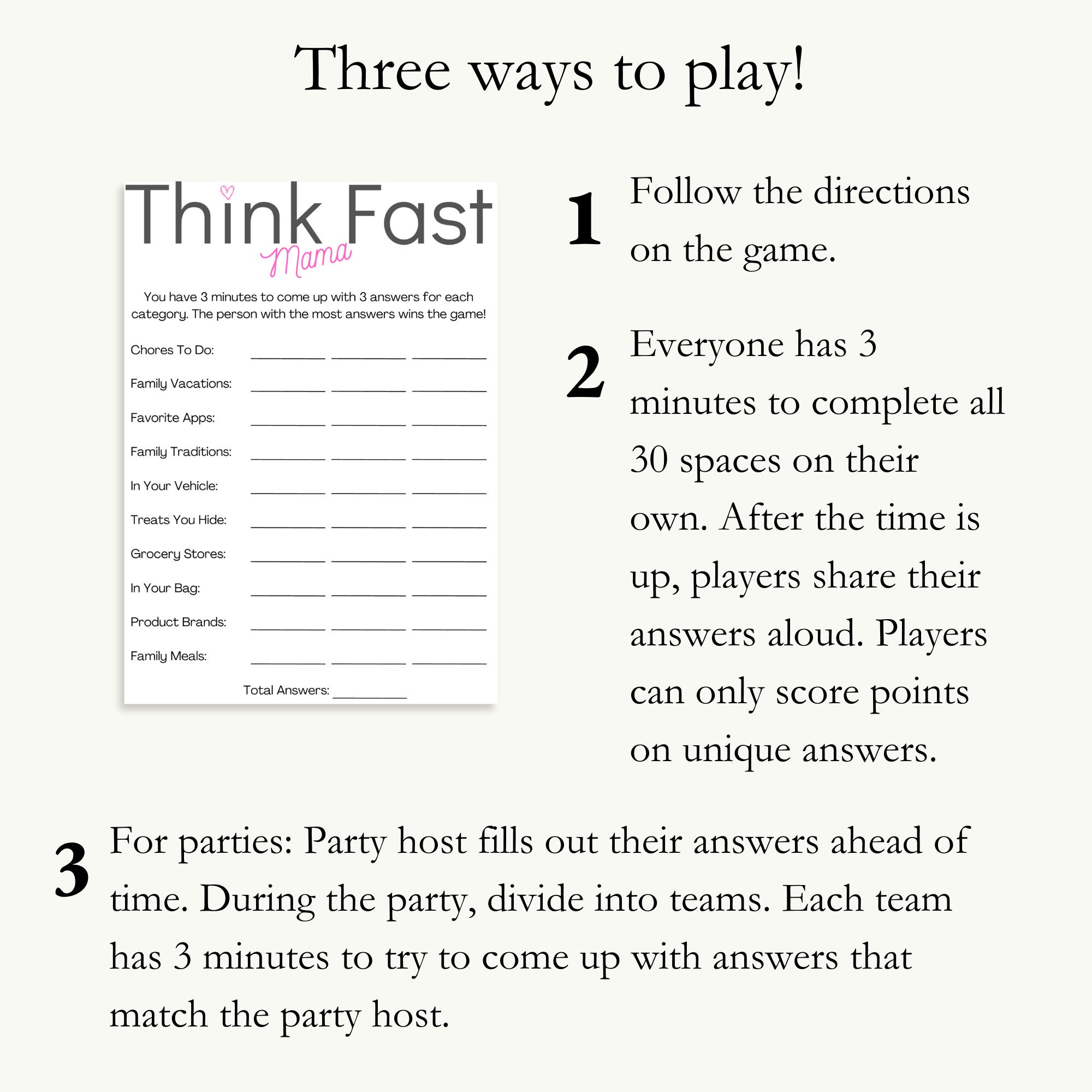 Think Fast Printable Game, Moms Group Icebreaker, MOPS, Moms Night Out ...