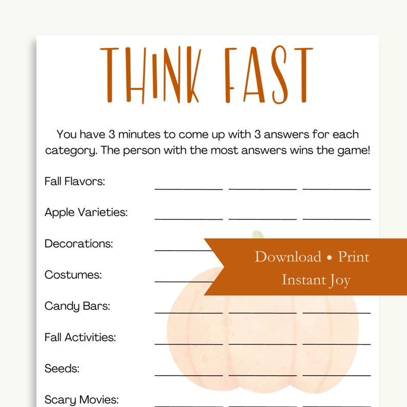 Fall Think Fast Instant Download Printable Party Game for - Etsy
