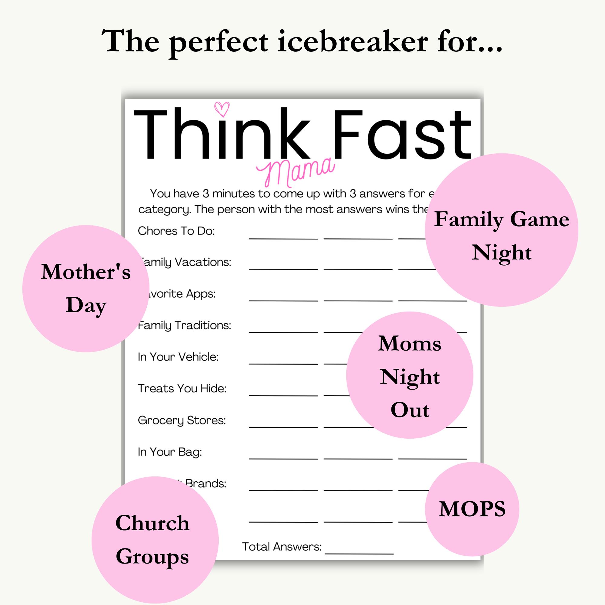 Think Fast Printable Game, Moms Group Icebreaker, MOPS, Moms Night Out ...