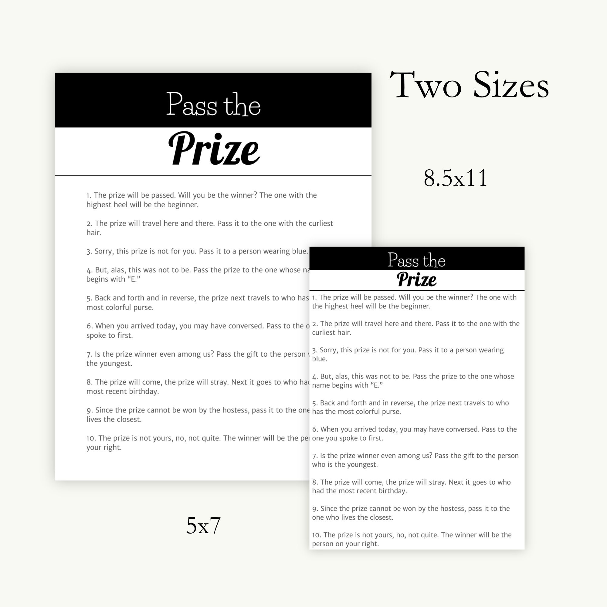 Pass the Prize Black and White Game Instant Download - Etsy