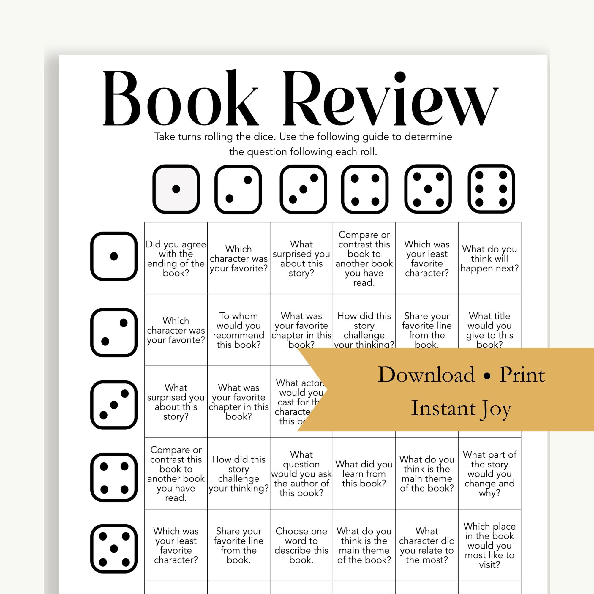 Book Review Dice Game Printable, Literary Club, Writing Group, Book ...