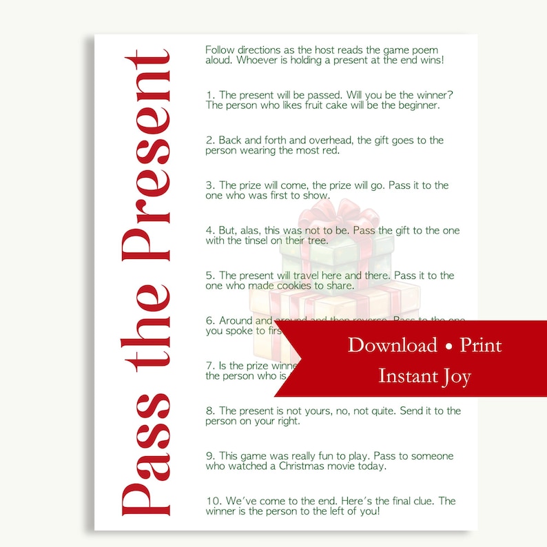Pass the Present Christmas Party Game, Instant Download Poem, Print for ...