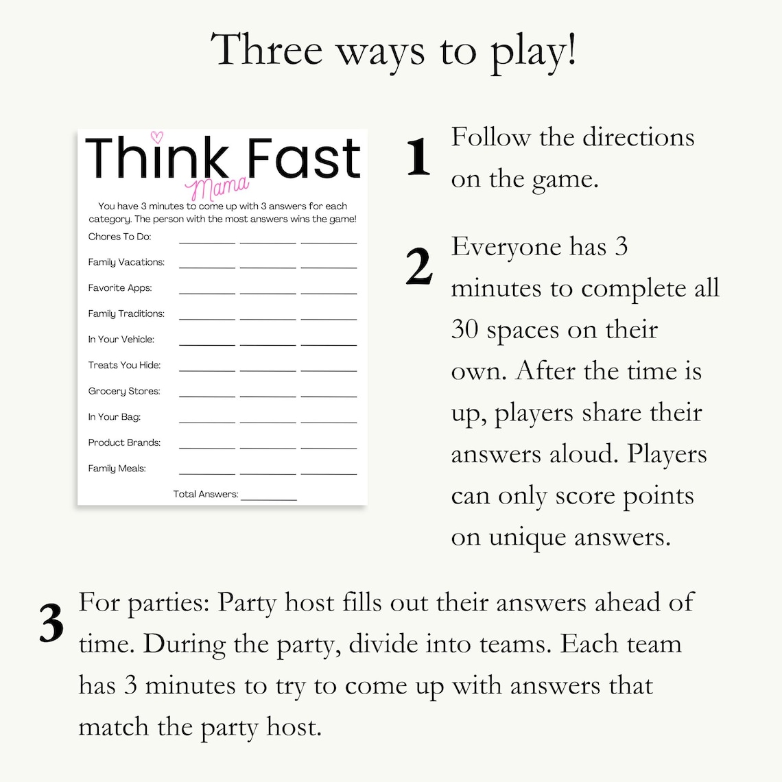 Think Fast Printable Game, Moms Group Icebreaker, MOPS, Moms Night Out ...