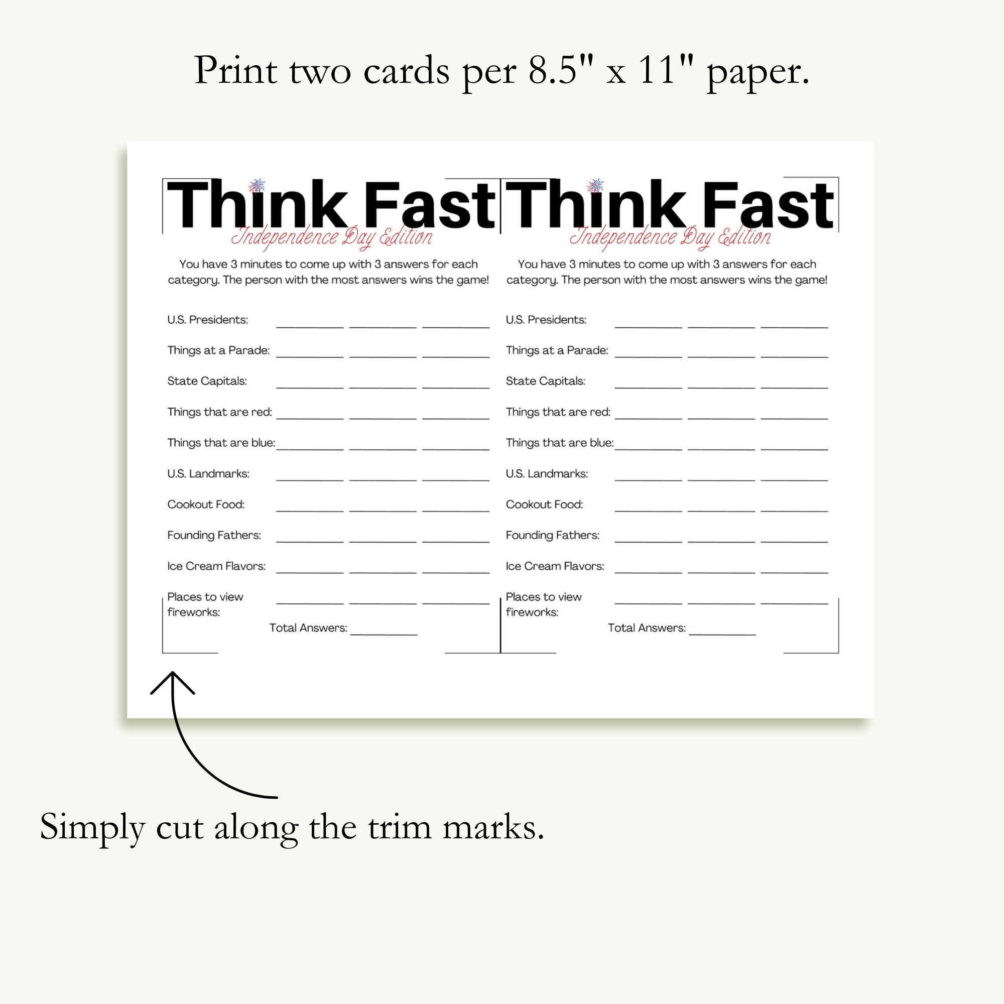 Think Fast Game, 4th of July Printable for Independence Day, Family ...