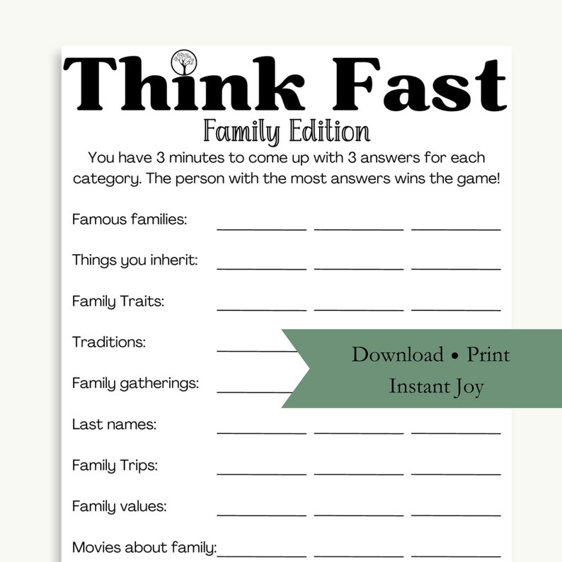 Family Think Fast Instant Download Printable Game Family - Etsy