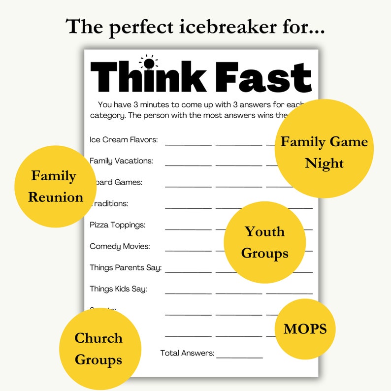 Think Fast Printable Game, Family Game Night, Family Reunion, Small ...