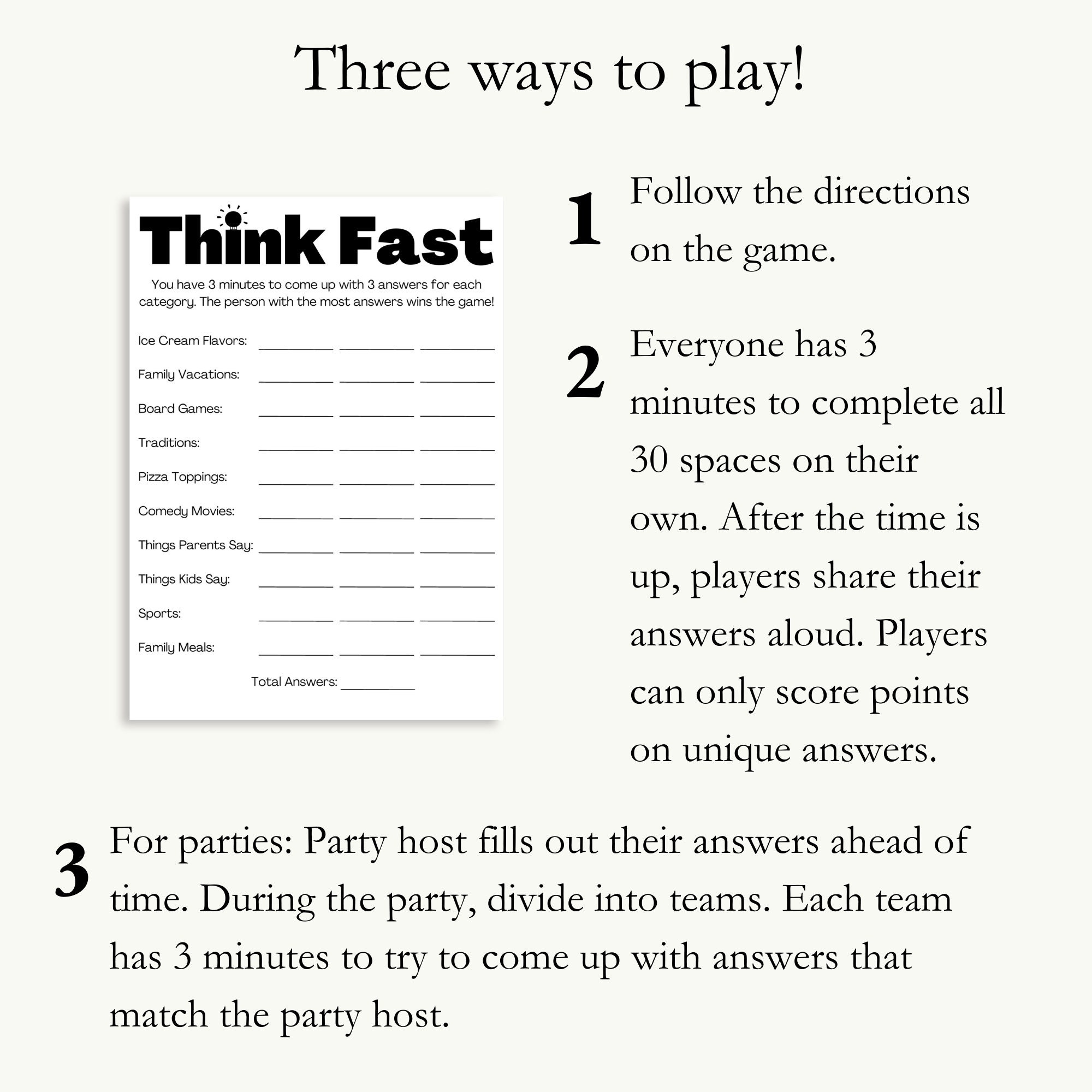Think Fast Printable Game, Family Game Night, Family Reunion, Small ...