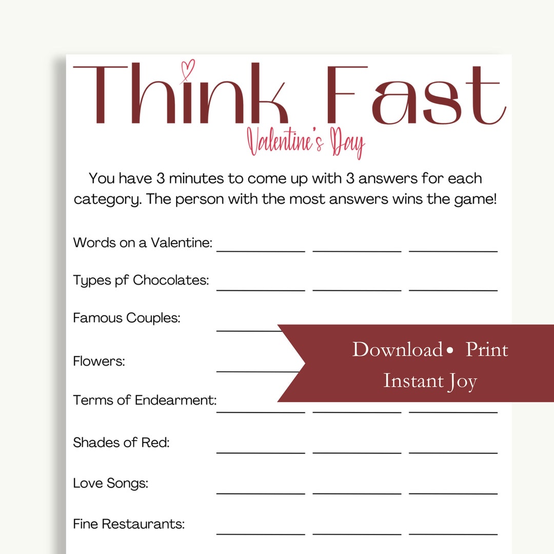 Valentine's Think Fast Printable Game, Instant Download for Parties ...
