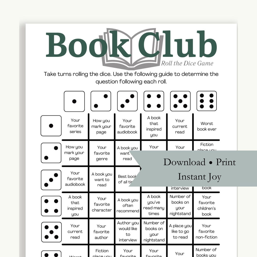 Book Club Dice Game Printable, Writing Group, Book Theme Party Game ...