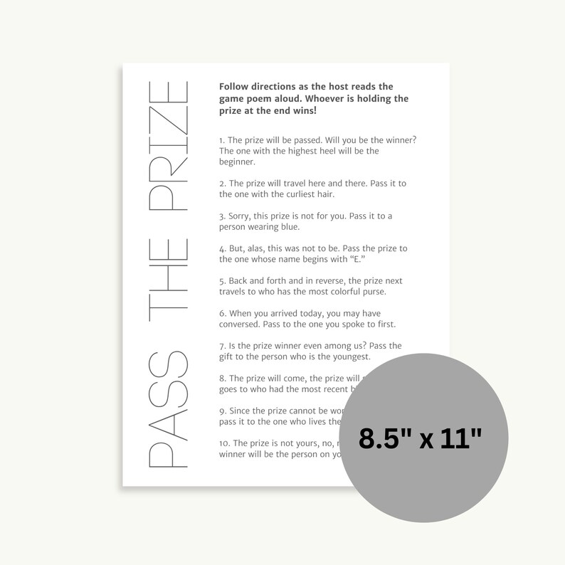 Pass the Prize Game Modern Minimalist Instant Download, Print for ...