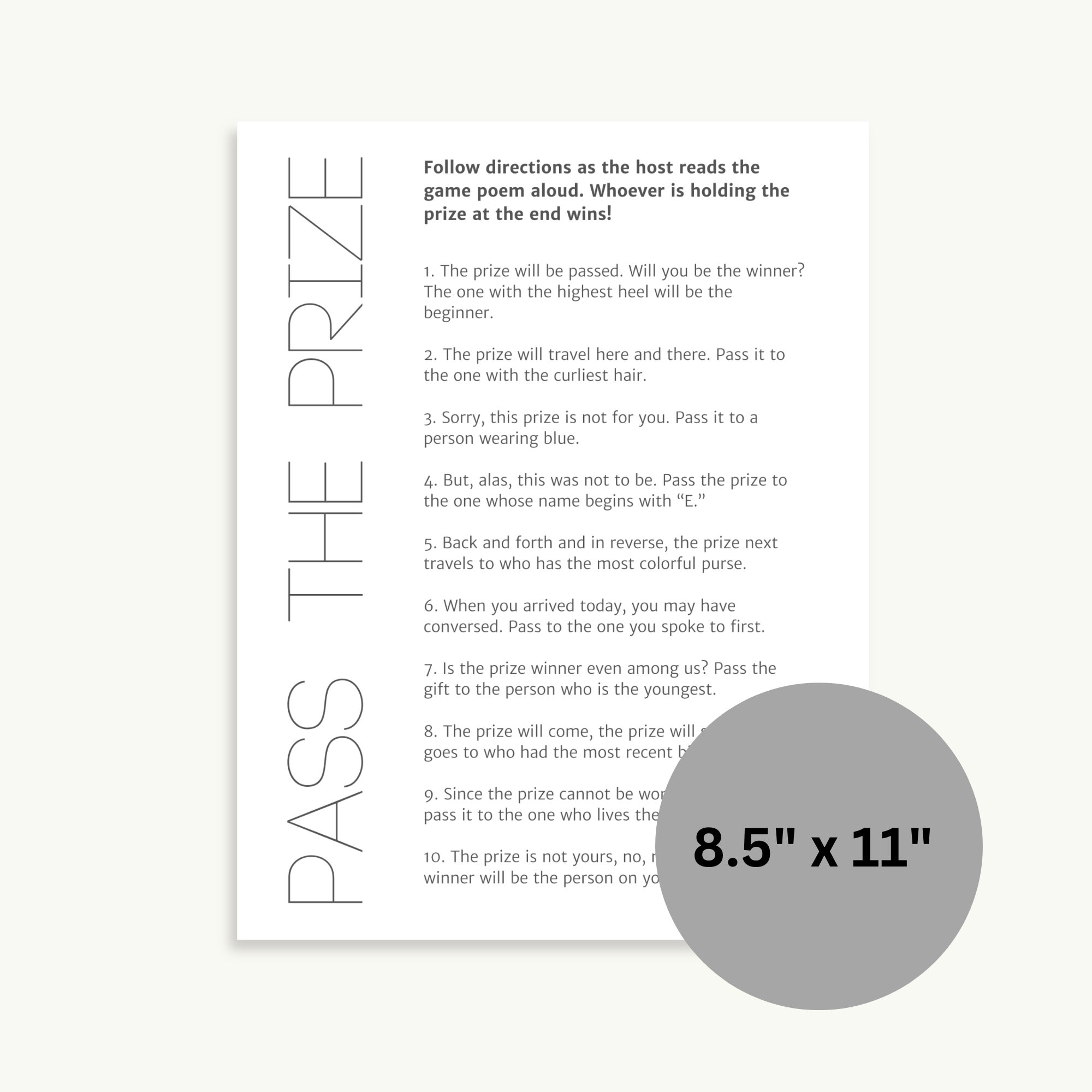 Pass the Prize Game Modern Minimalist Instant Download, Print for ...