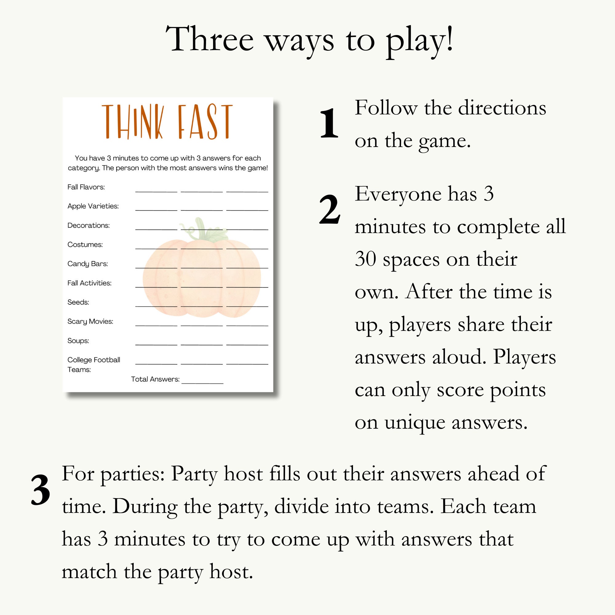 Fall Think Fast Instant Download Printable Party (Download Now) - Etsy