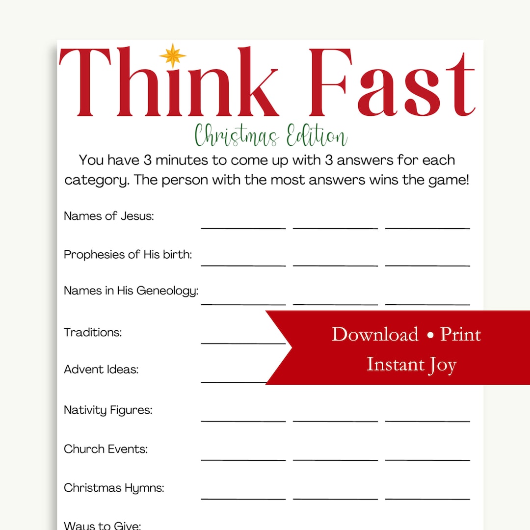 Christmas Think Fast Printable Game, Instant Download for Holiday ...