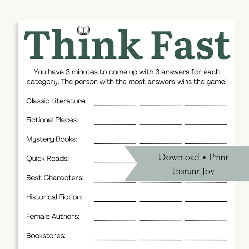 Book Club Think Fast Printable Game, Writing Group, Book Theme Party ...