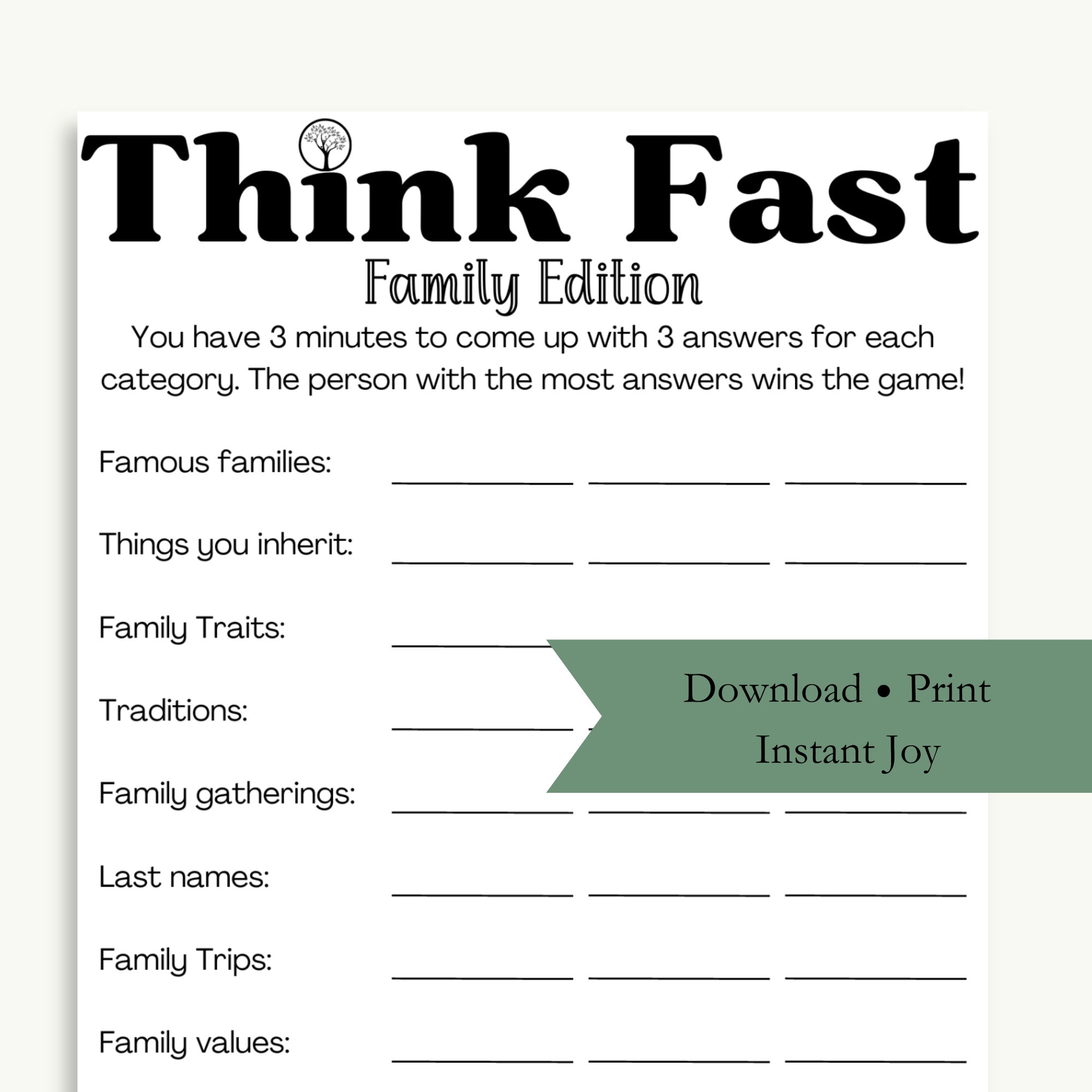Family Think Fast, Instant Download Printable Game, Family Reunion Idea ...