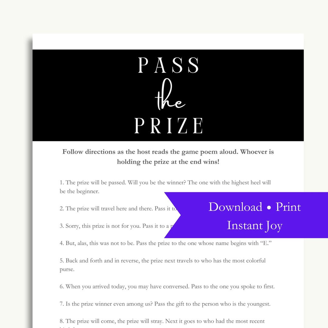 Pass the Prize Black and White Game - Instant Download, Printable for ...