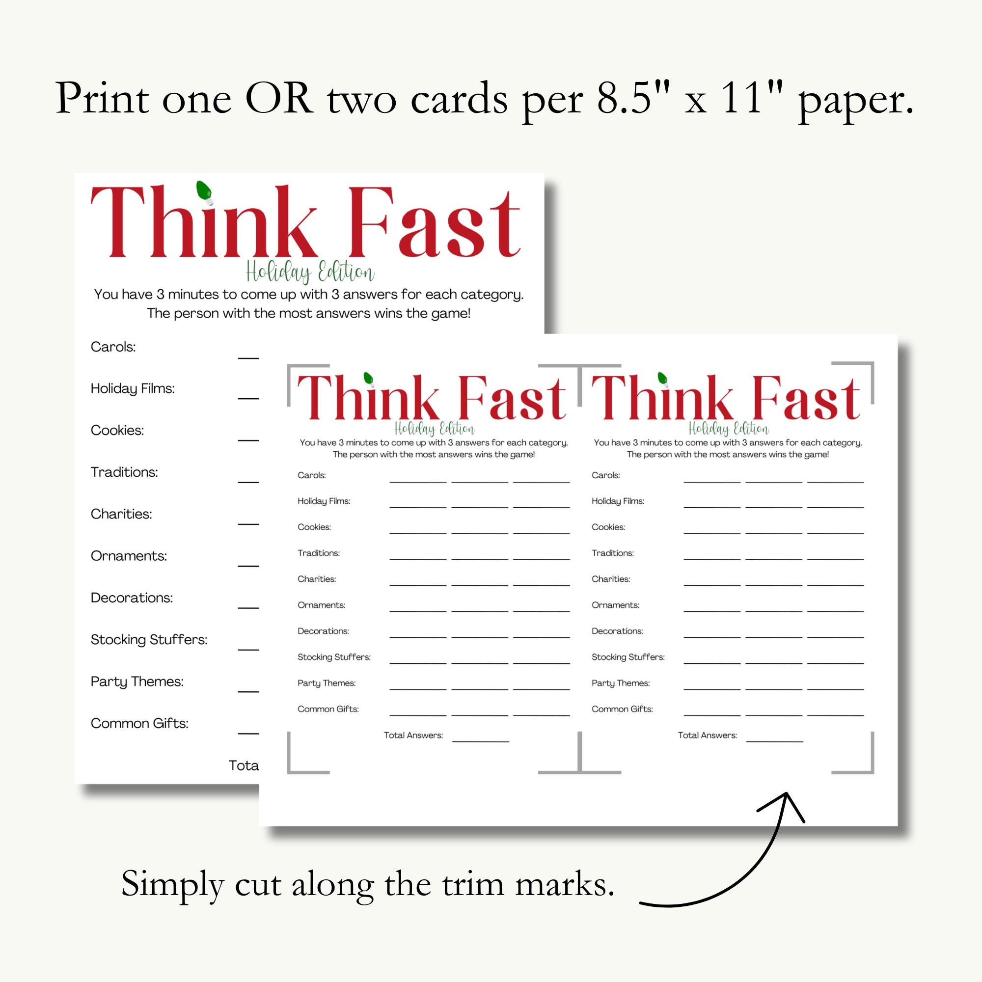 Holiday Think Fast Printable Game, Instant Download for Christmas Party ...