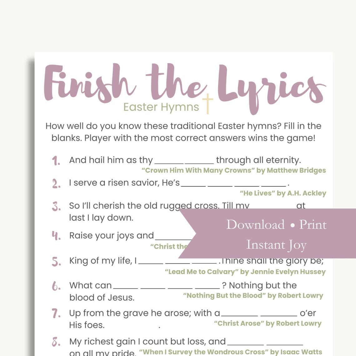 Finish the Lyrics Easter Hymn Game, Song Printable for Easter Events ...