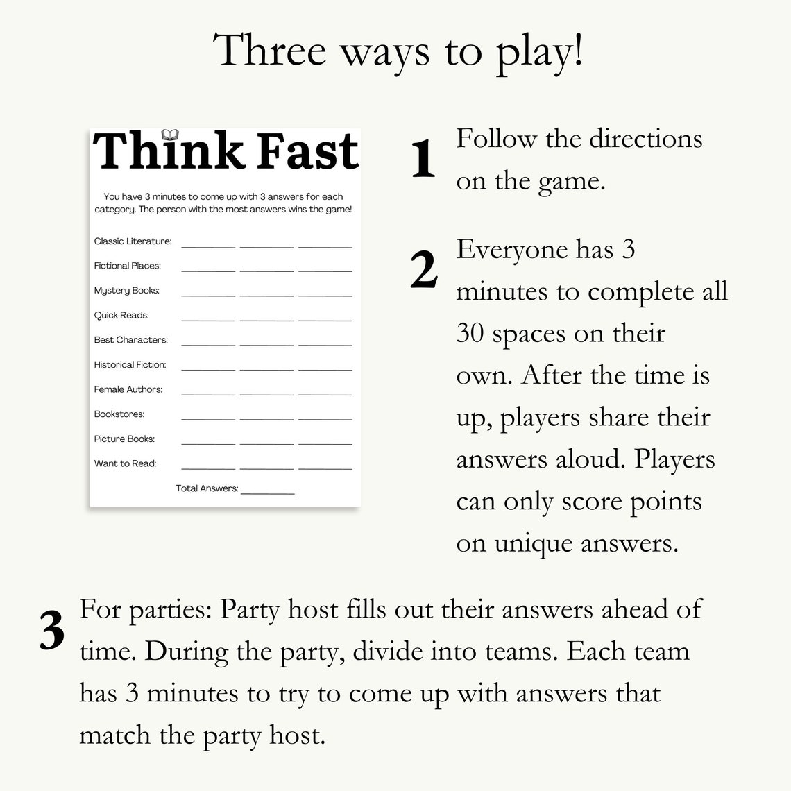 Book Club Think Fast Printable Game, Writing Group, Book Theme Party ...