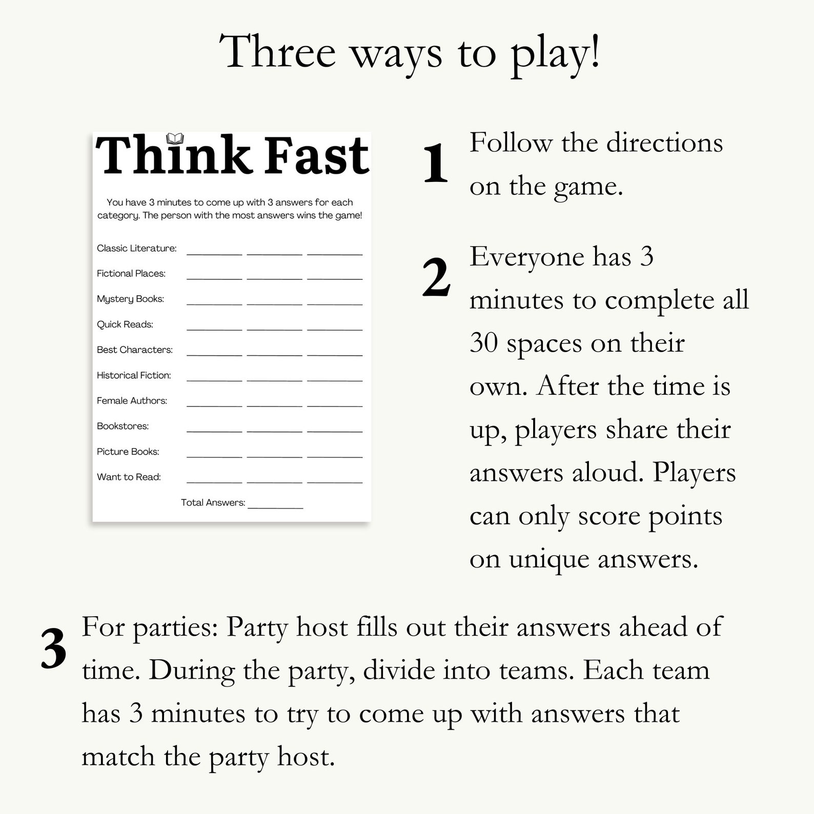 Book Club Think Fast Printable Game, Writing Group, Book Theme Party ...