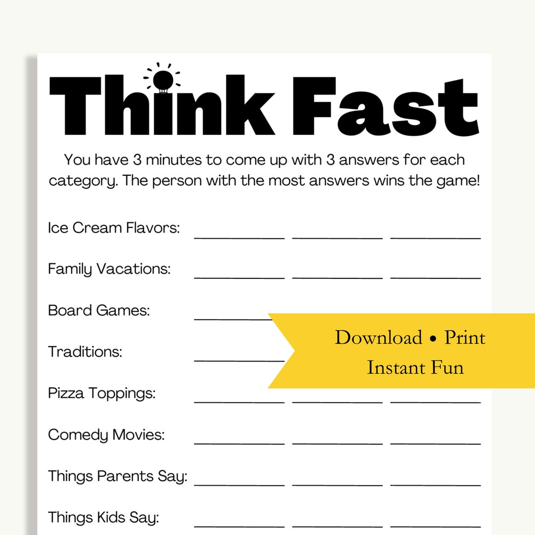 Think Fast Printable Game Family Game Night Family Reunion - Etsy