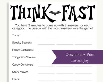 Halloween Think Fast Printable Game, Party Icebreaker for Adults, Teens ...