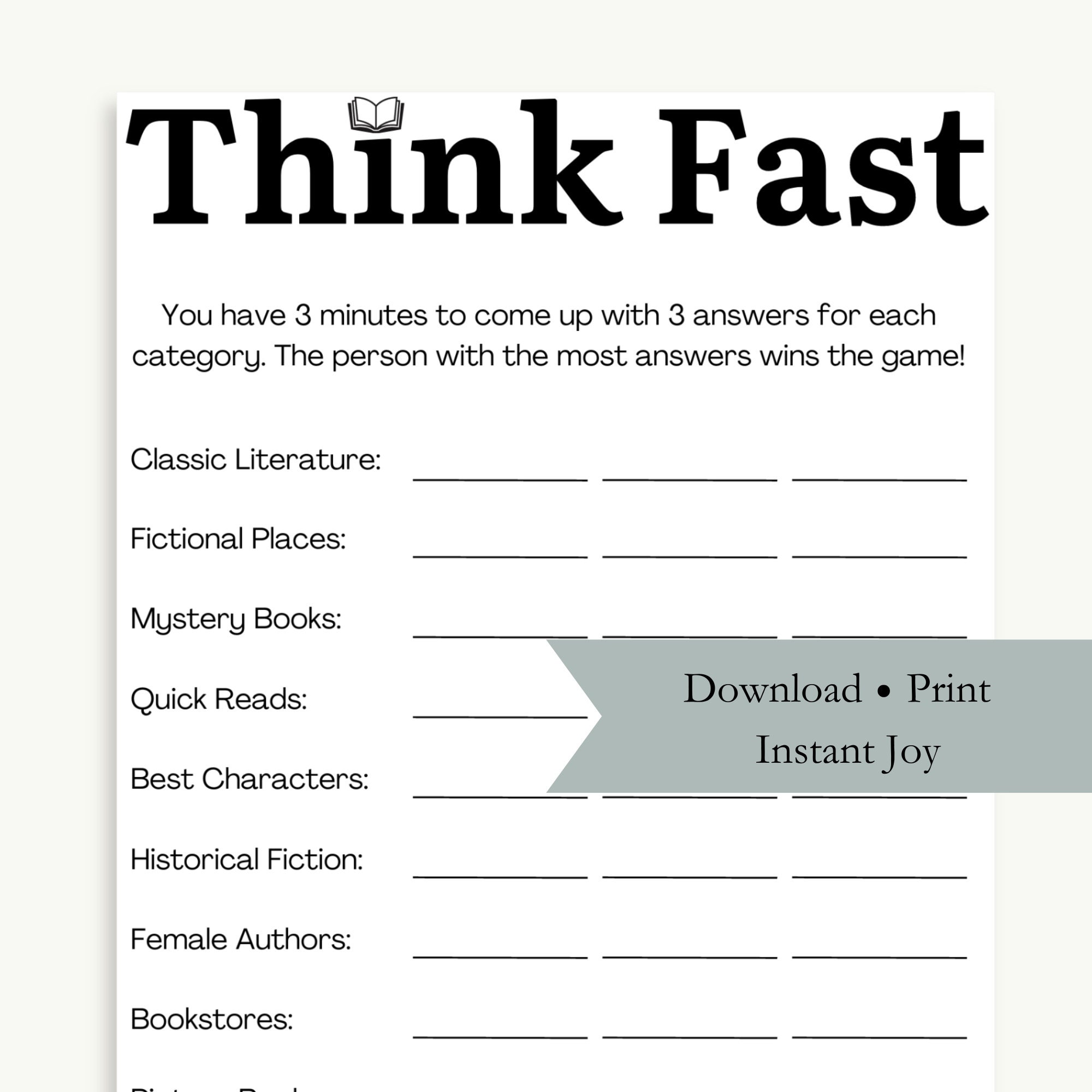 Book Club Think Fast Printable Game Writing Group Book Theme - Etsy