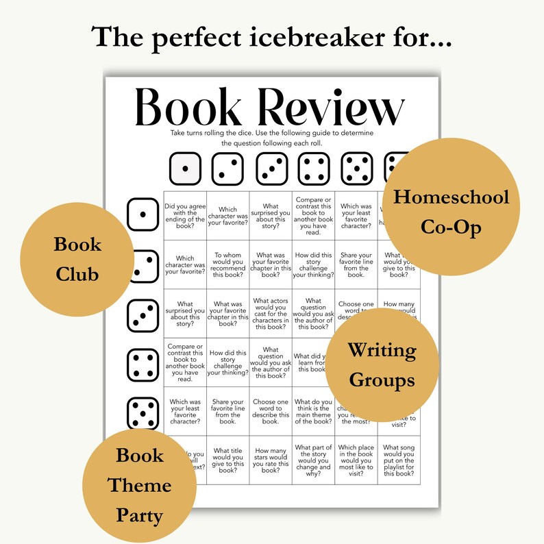 Book Review Dice Game Printable, Literary Club, Writing Group, Book ...