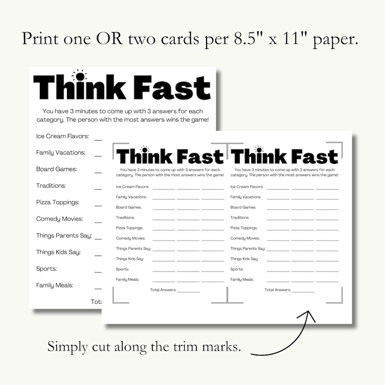 Think Fast Printable Game, Family Game Night, Family Reunion, Small ...