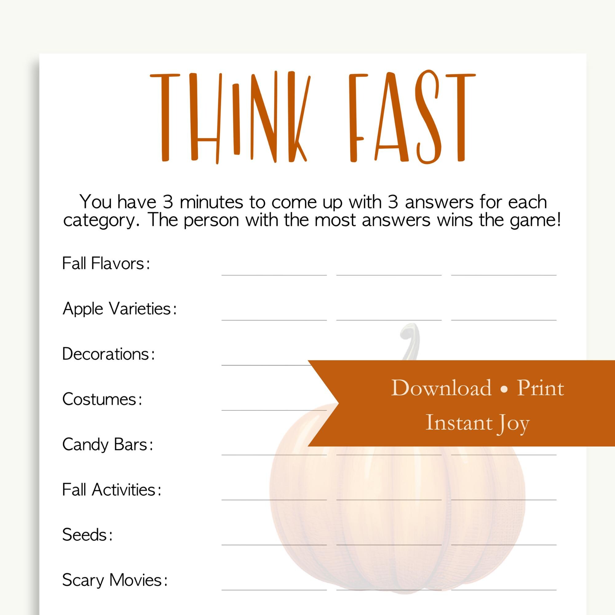 Fall Think Fast, Instant Download, Printable Party Game for Autumn ...