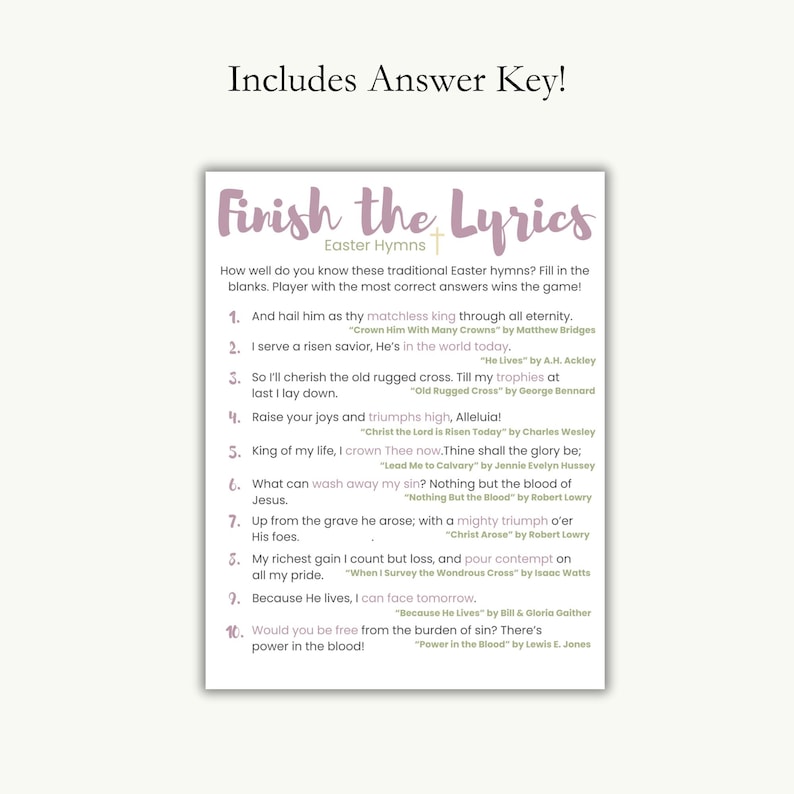 Finish the Lyrics Easter Hymn Game, Song Printable for Easter Events ...