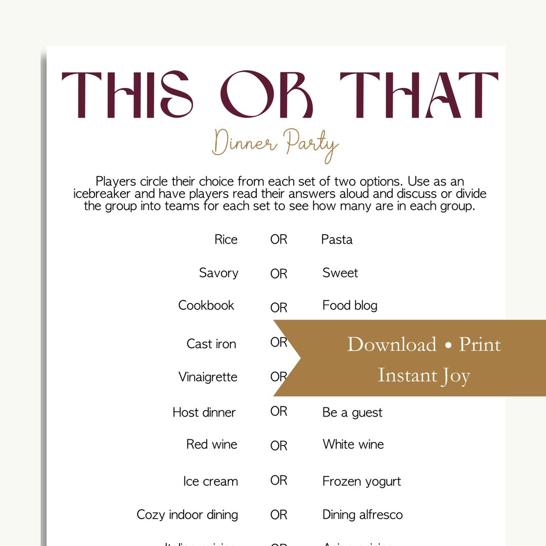 This or That Dinner Club Printable Game, Icebreaker for Supper Club ...