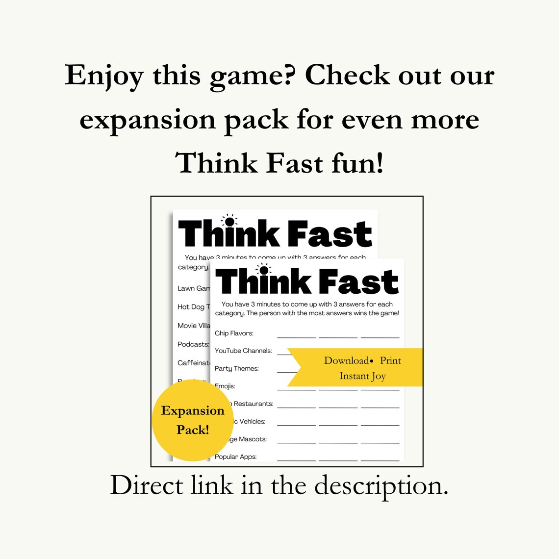 Think Fast Printable Game, Family Game Night, Family Reunion, Small ...