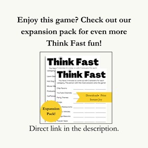 Think Fast Printable Game, Family Game Night, Family Reunion, Small ...