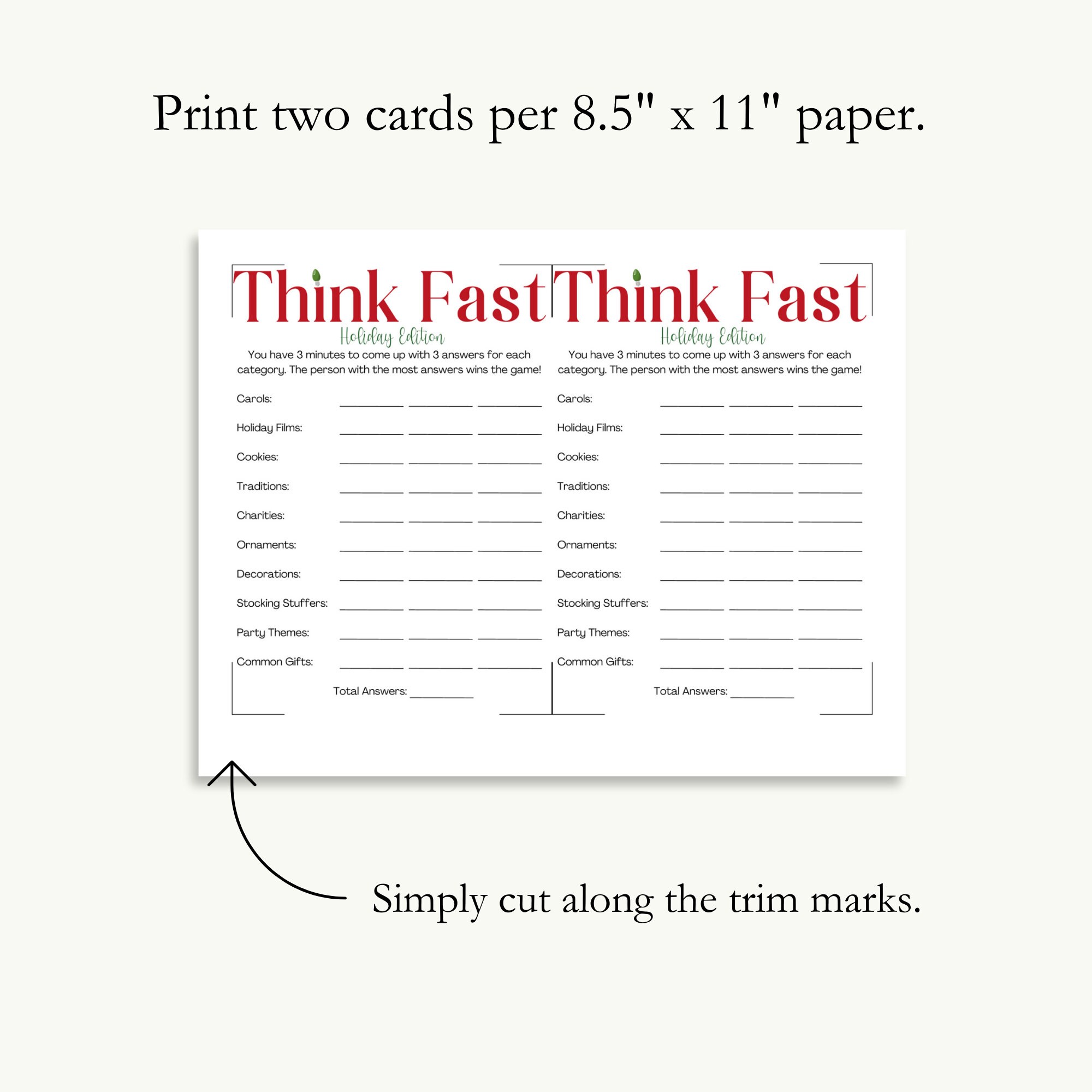 Holiday Think Fast Printable Game, Instant Download for Christmas ...