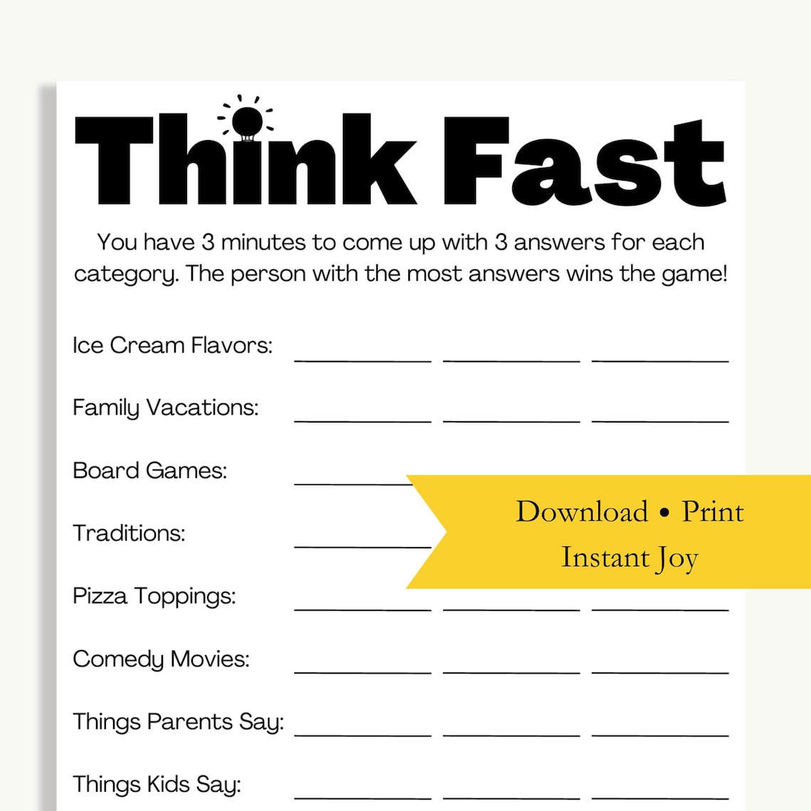 Think Fast Printable Game, Family Game Night, Family Reunion, Small ...