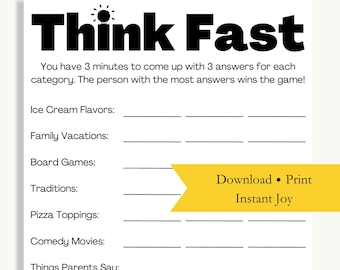 Think Fast Printable Game, Family Game Night, Family Reunion, Small ...