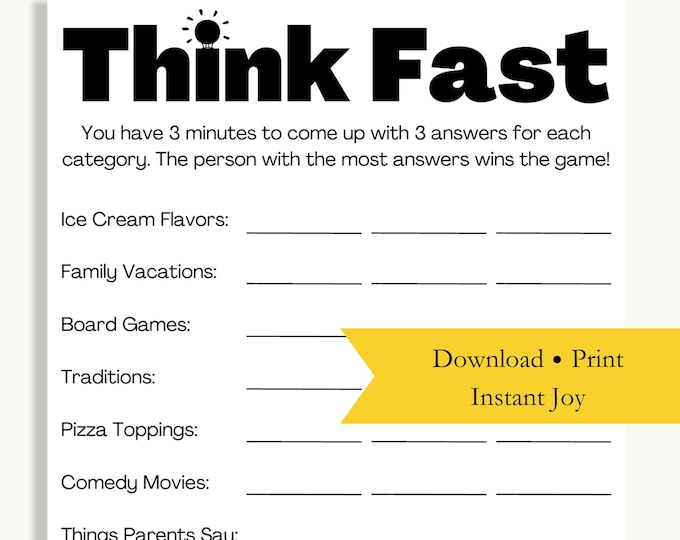 Think Fast Printable Game, Family Game Night, Family Reunion, Small ...