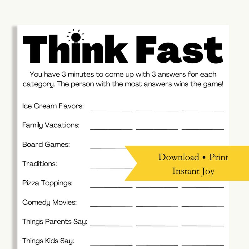 Think Fast Printable Game, Family Game Night, Family Reunion, Small ...
