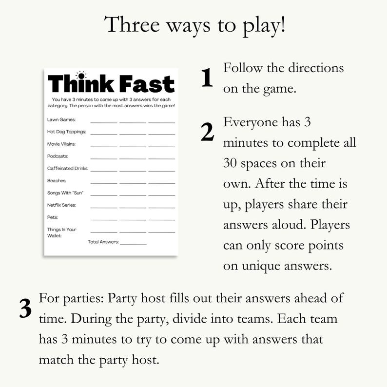 Think Fast Expansion Pack, Two New Printable Games for Teens, Family ...