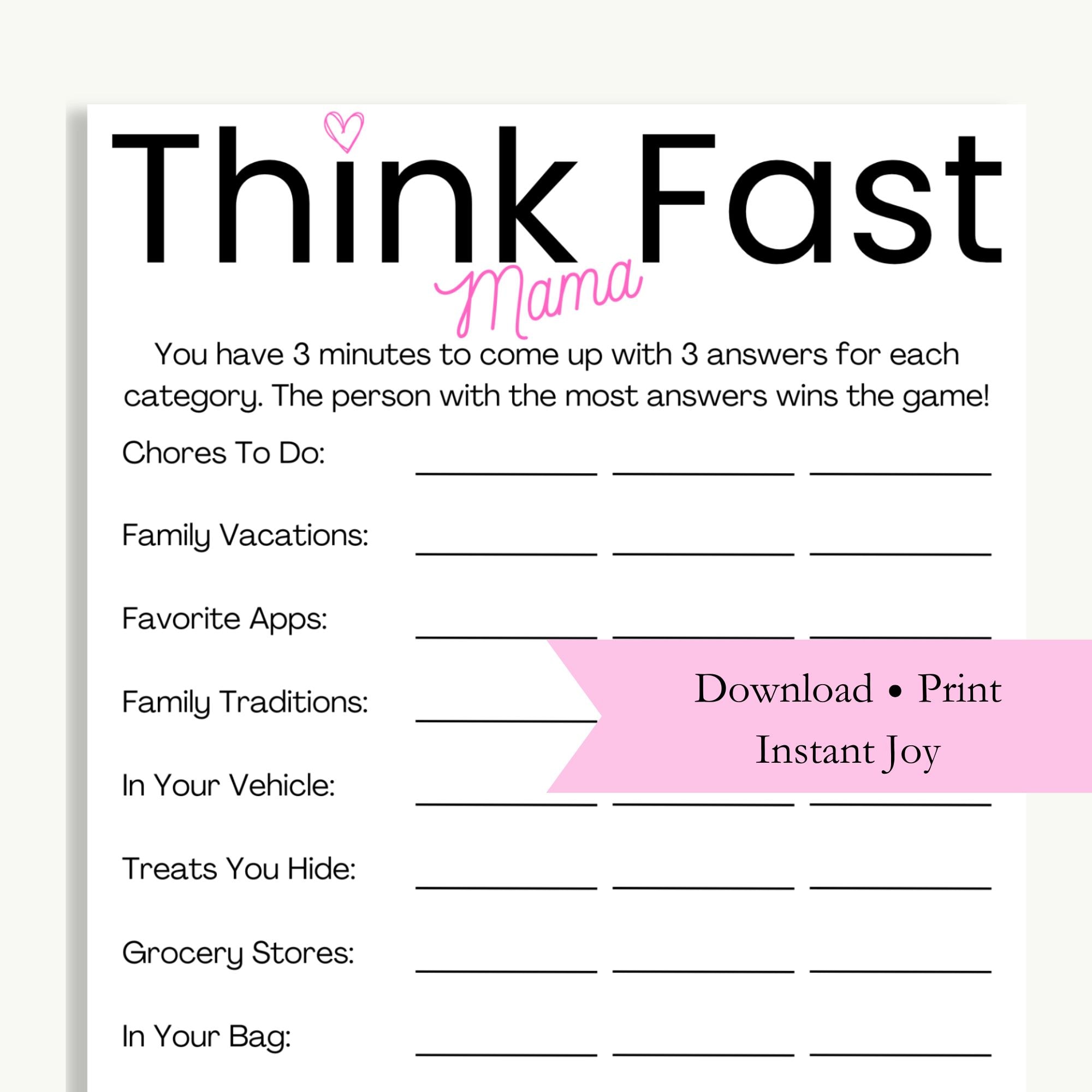 Think Fast Printable Game, Moms Group Icebreaker, MOPS, Moms Night Out ...