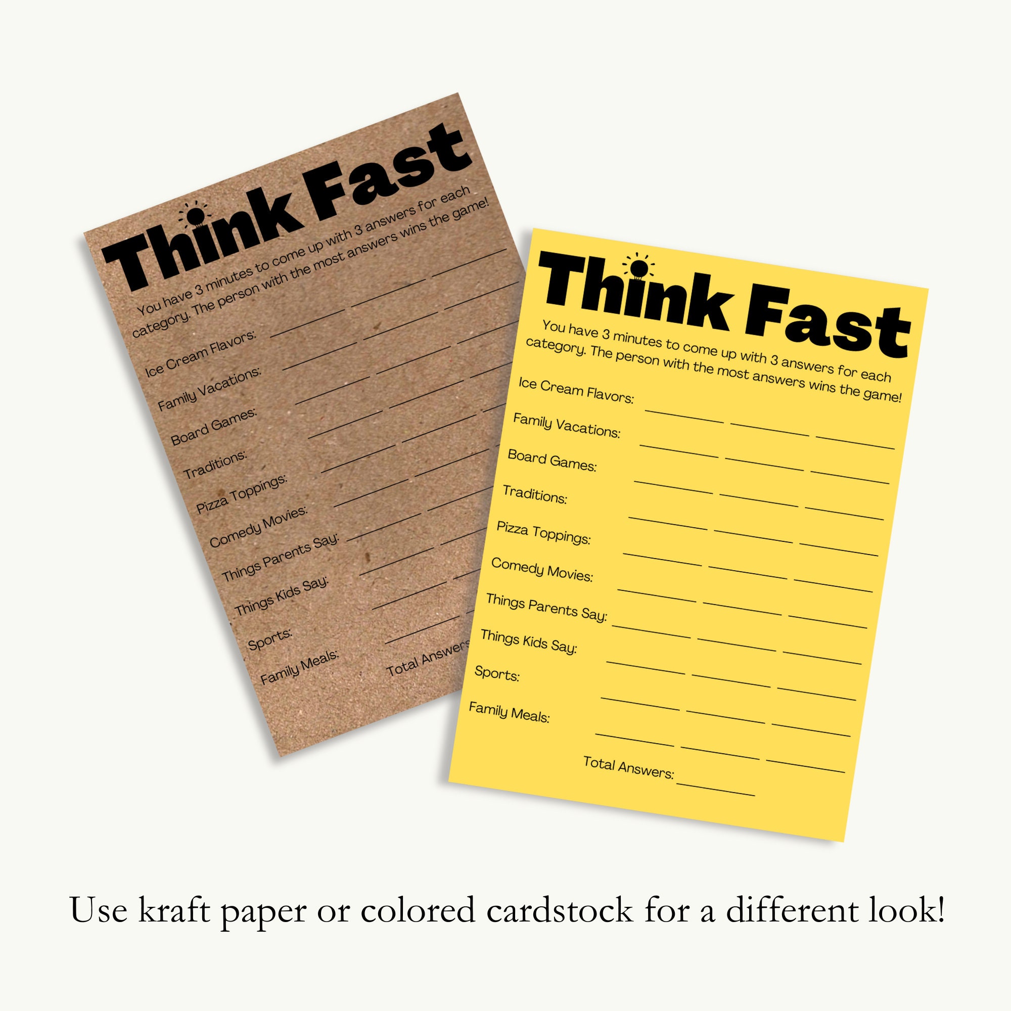Think Fast Printable Game, Family Game Night, Family Reunion, Small ...