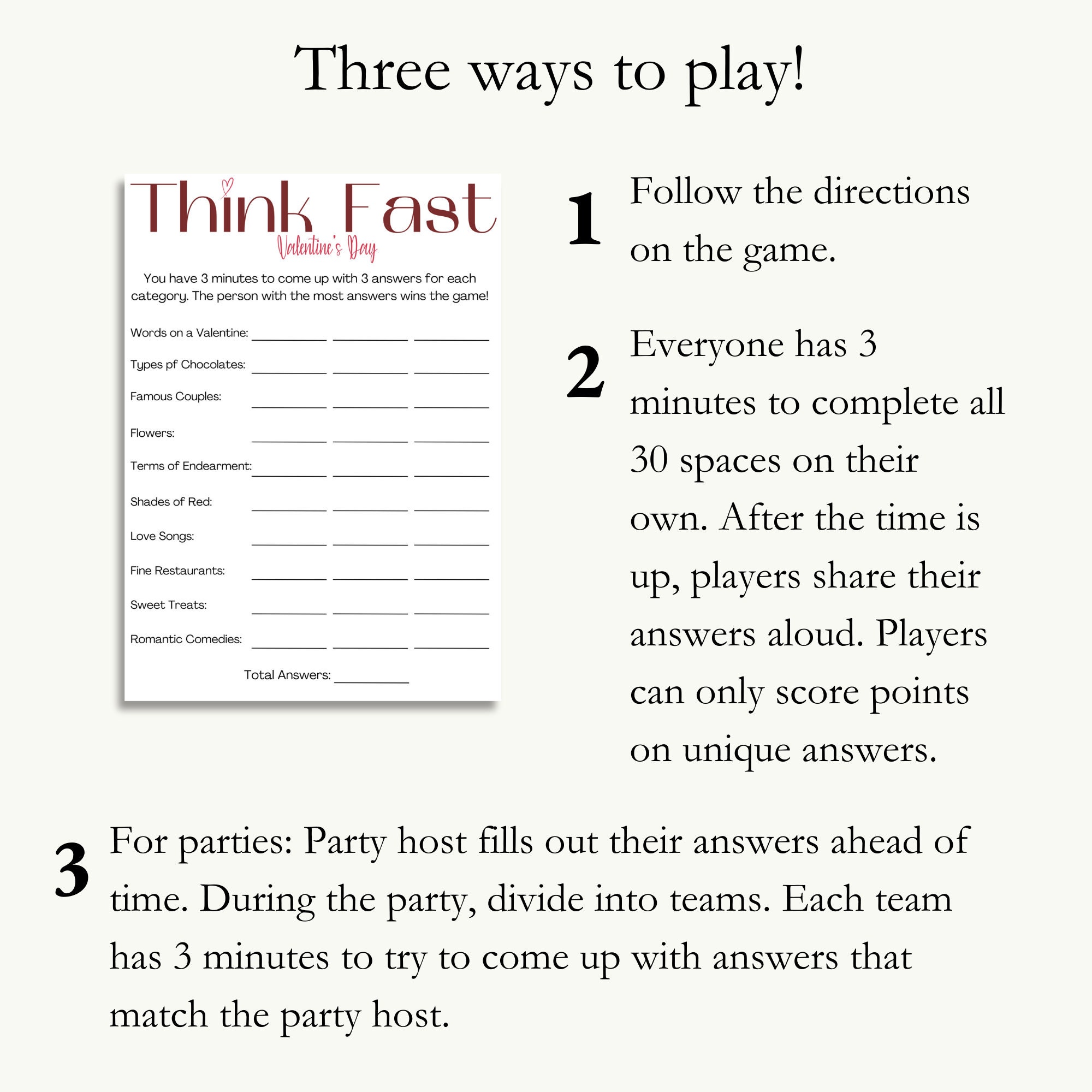 Valentine's Think Fast Printable Game, Instant Download for Parties ...