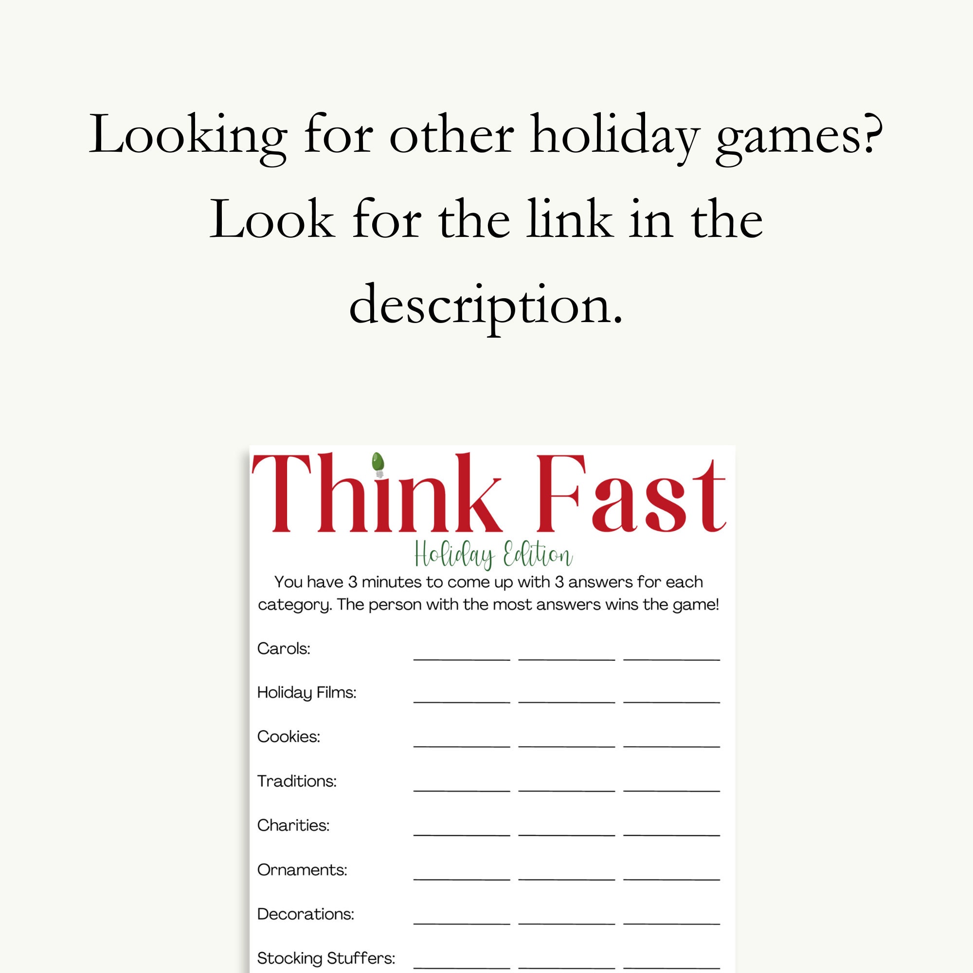 Christmas Think Fast Printable Game, Instant Download for Holiday ...