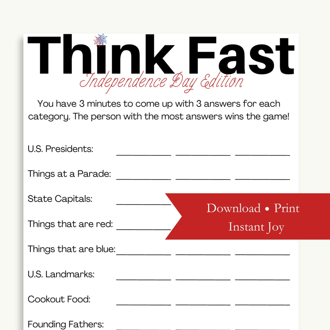 Think Fast Game 4th of July Printable for Independence Day - Etsy