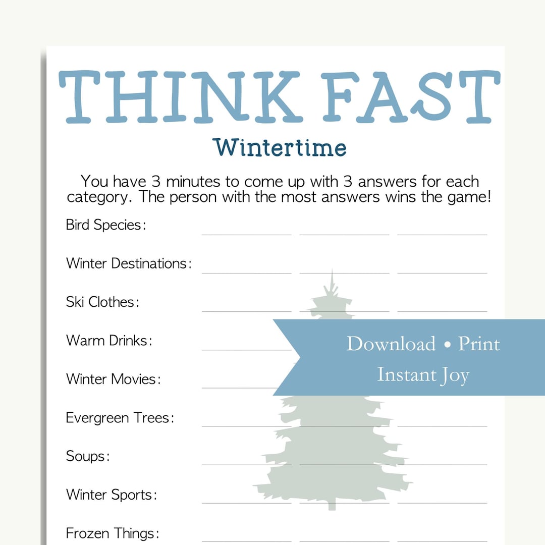 Winter Think Fast Printable Game, Icebreaker for Adults, Family Game ...