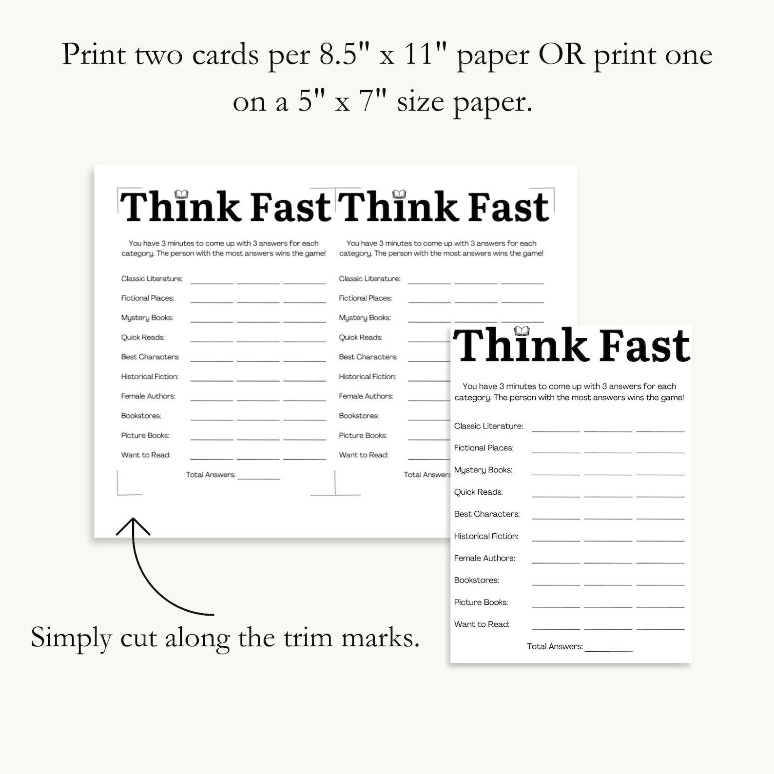 Book Club Think Fast Printable Game, Writing Group, Book Theme Party ...