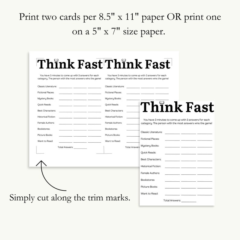 Book Club Think Fast Printable Game Writing Group Book Theme - Etsy