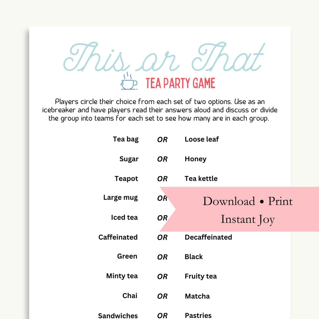 This or That Tea Party Game, Printable Icebreaker for High Tea, Ladies ...